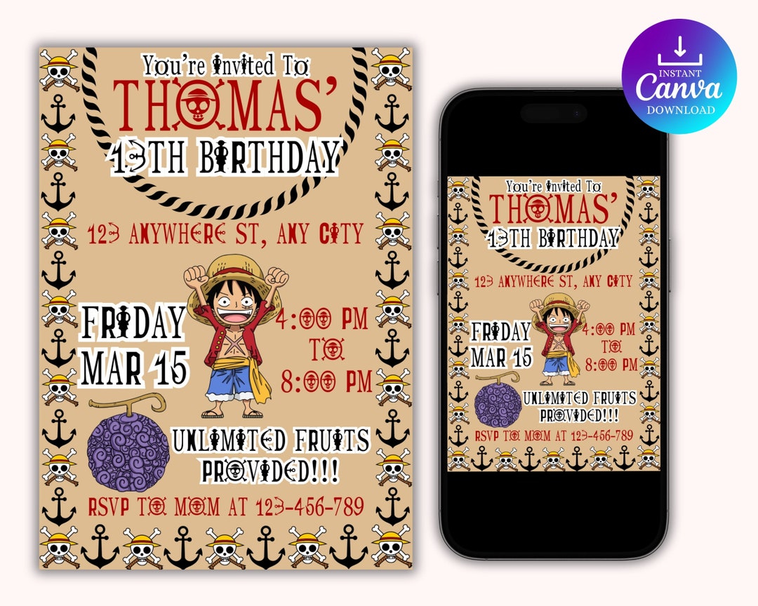Editable One Piece Luffy Birthday Invitation Canva Birthday - Etsy