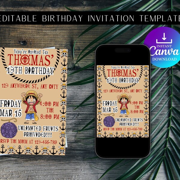 One Piece Anime Party Invitation - Etsy