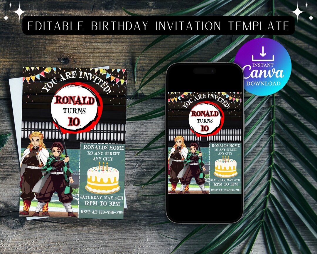 Editable Demon Slayer Birthday Invitation Template, Printable Demon ...