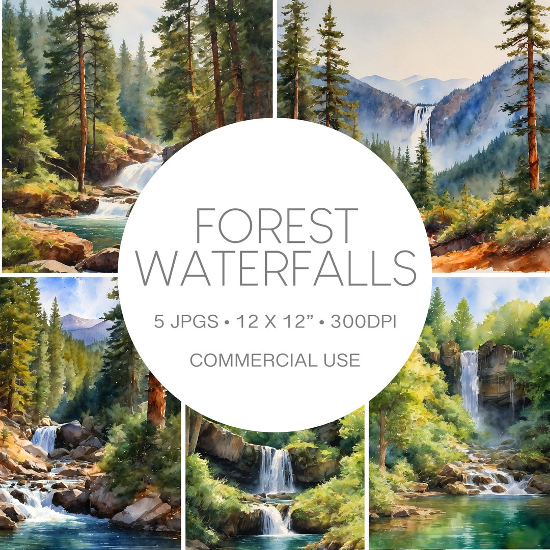 Forest Waterfalls Watercolour Background Digital Paper Set, Junk ...