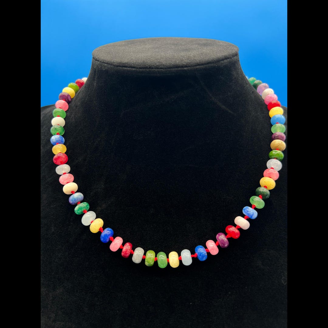 Handknotted Rainbow Jade Gemstone Necklace 19.5 Length Mixed Gemstone ...