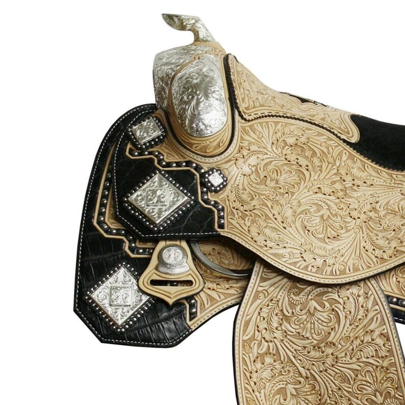 21 Inch Western Show Saddle Light Leather Hand Tooling Engraved Silver ...