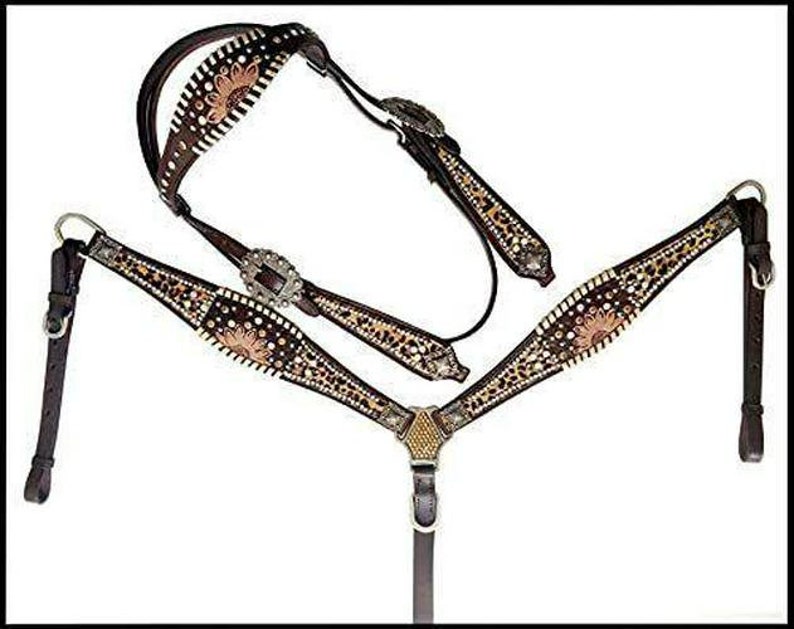 Cheetah Inlay Sunflower Accents Leather Browb Headstall, Breast Collar ...