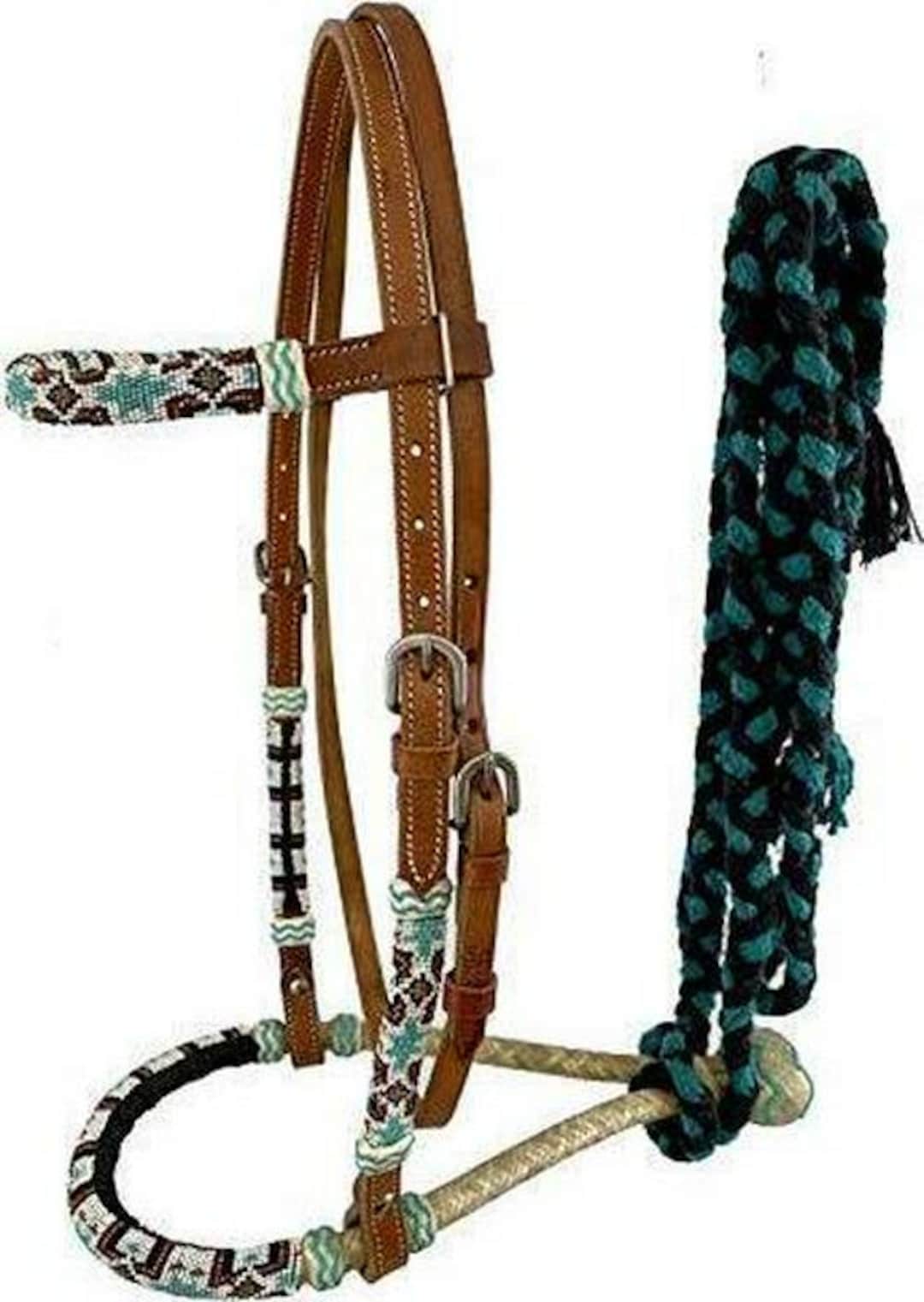 Western Leather Bosal Headstall W/ Southwest Beaded Design Mecate Reins ...