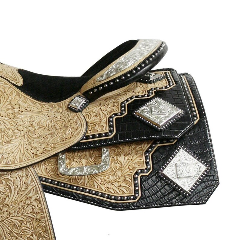 17 Inch Western Show Saddle Light Leather Hand Tooling Engraved Silver ...