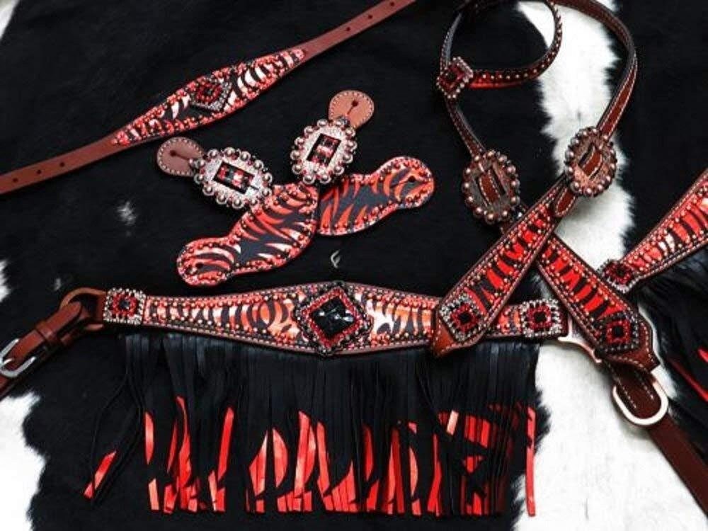 Red Black Tiger Stripes 5 Piece Set Bridle Leather Headstall, Breast ...
