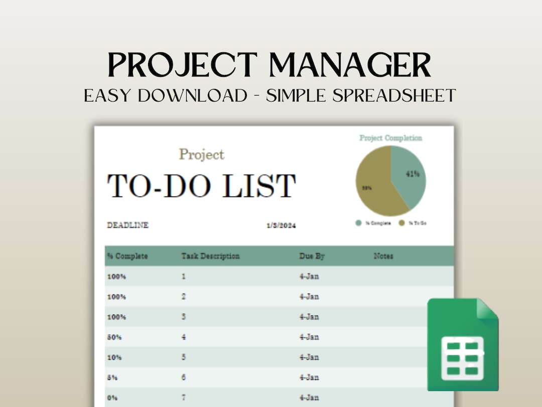 Project to Do List With Progress Tracker for Google Sheets - Etsy