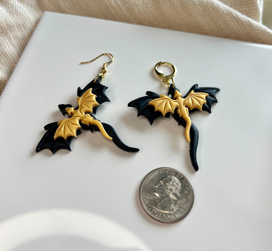 Black and Gold Dragon Dangle Earrings: Handmade Polymer Clay Fantasy ...