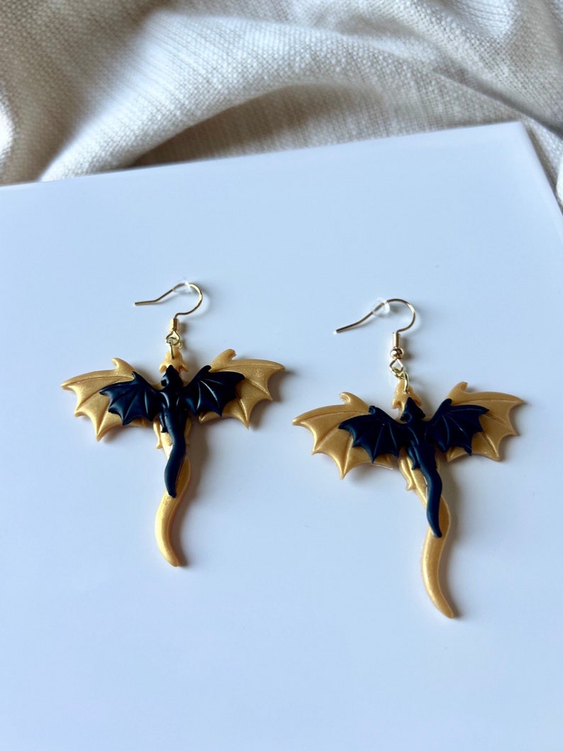 Dragon Earrings, Black and Gold Dragon Earrings, Celestial Earrings, Fantasy Earrings, Dragon ...