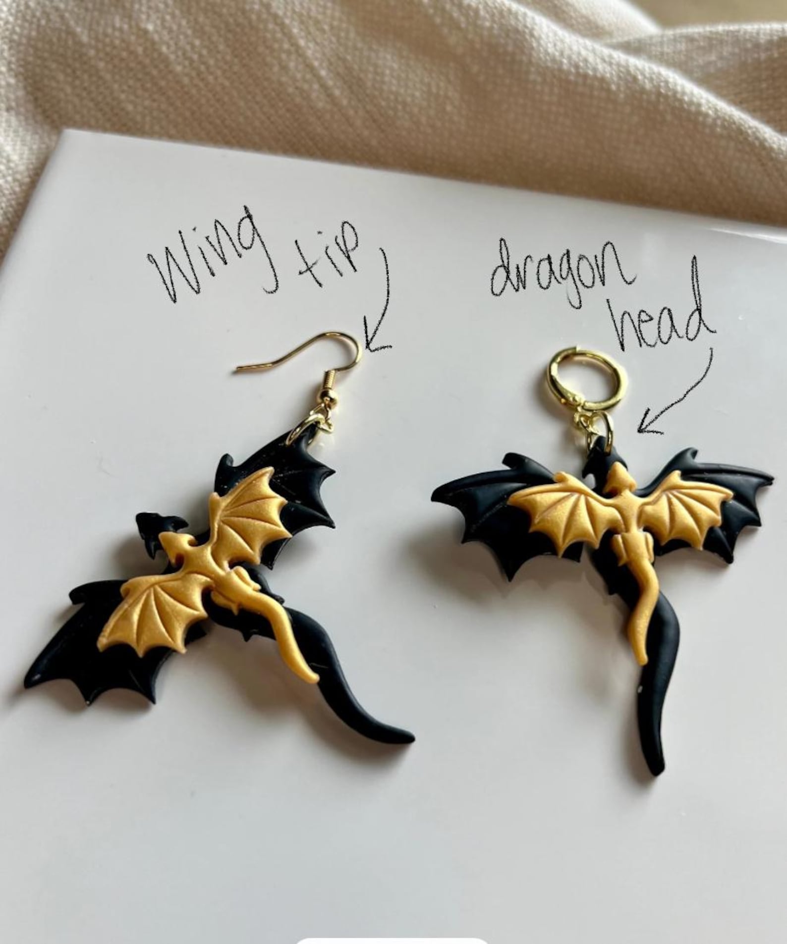 Black and Gold Dragon Dangle Earrings: Handmade Polymer Clay Fantasy ...