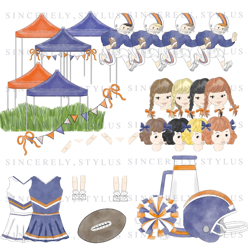 FULL Set Navy and Orange Cheerleader Clipart, Watercolor Cheer Clipart ...