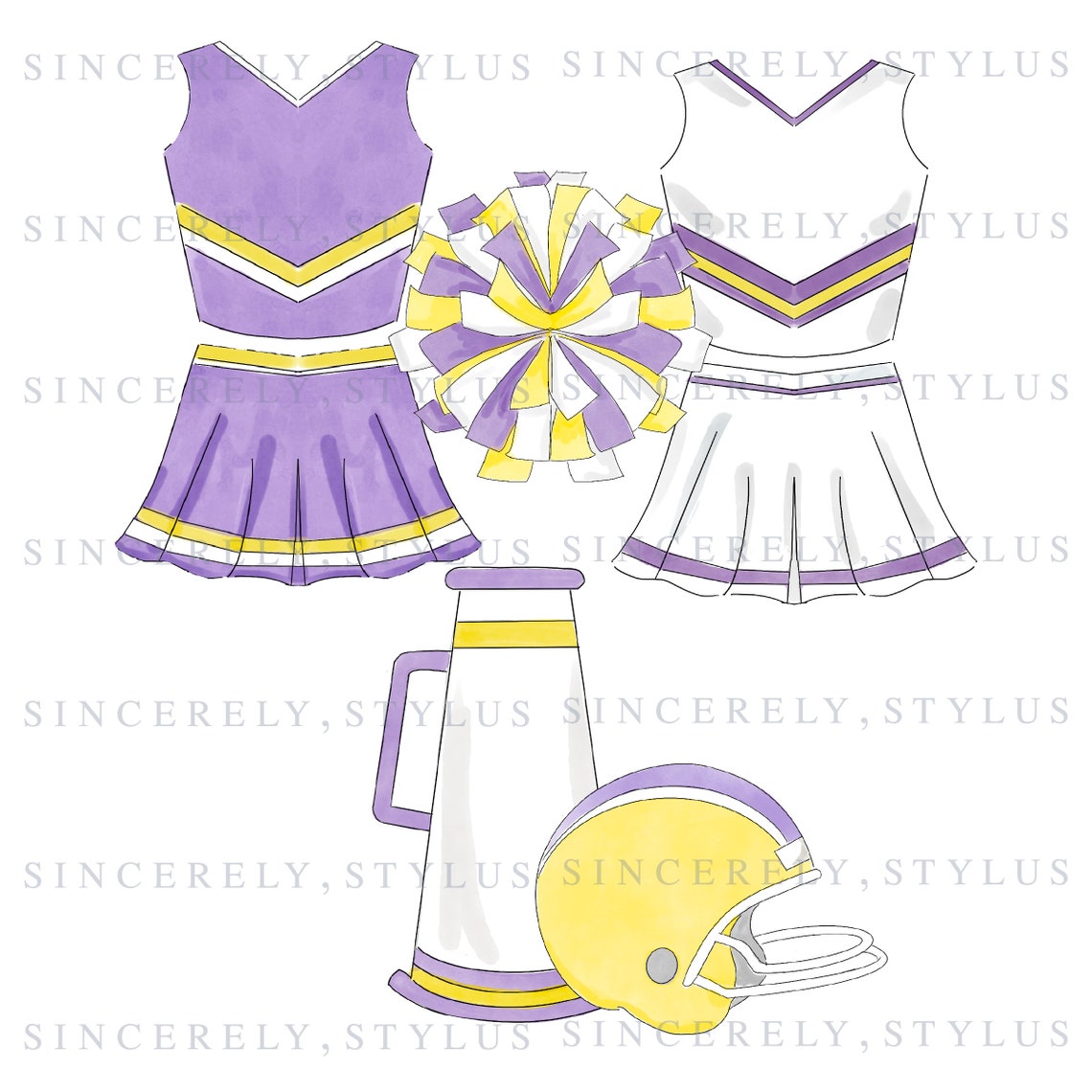 Purple and Gold Cheerleader Clipart, Watercolor Cheer Clipart, Football ...
