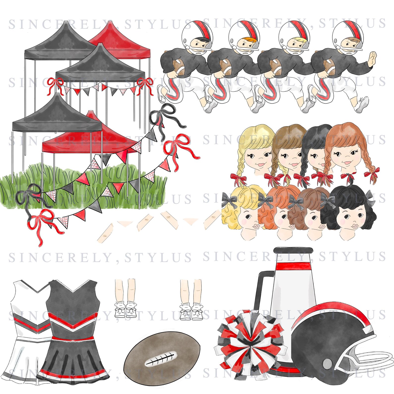FULL Set Black and Red Cheerleader Clipart, Watercolor Cheer Clipart ...
