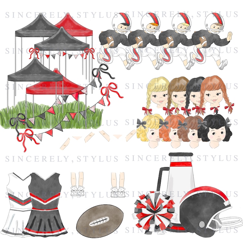 FULL Set Black and Red Cheerleader Clipart, Watercolor Cheer Clipart ...