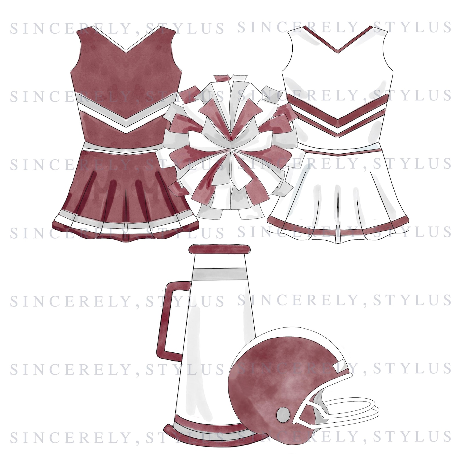 Maroon and White Cheerleader Clipart, Watercolor Cheer Clipart ...