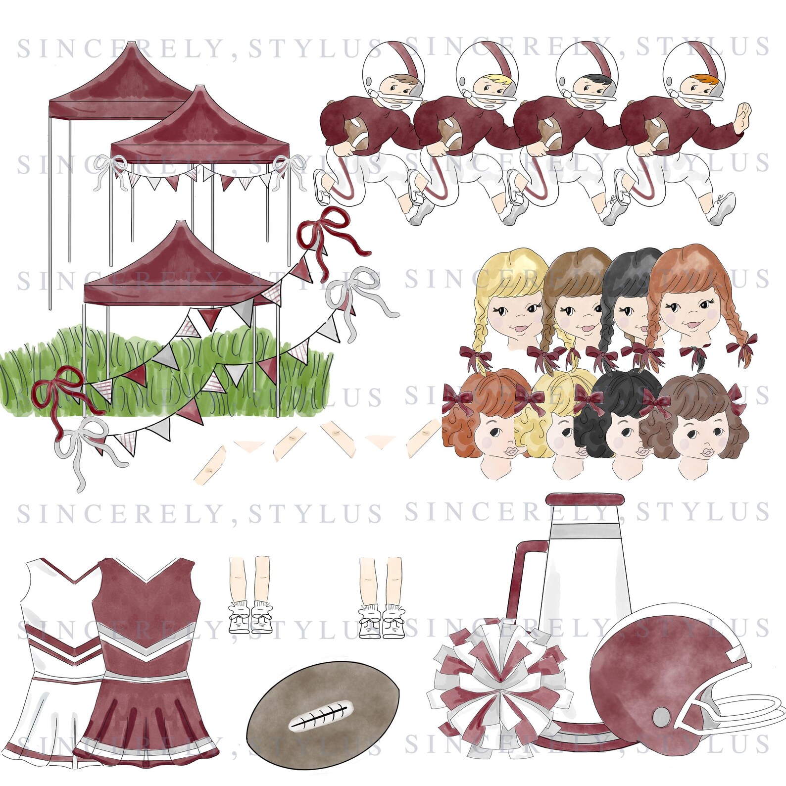 FULL Set Maroon and White Cheerleader Clipart, Watercolor Cheer Clipart ...