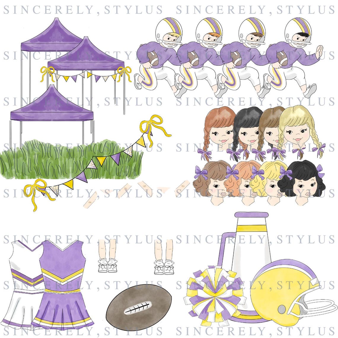 FULL Set Purple and Gold Cheerleader Clipart, Watercolor Cheer Clipart ...