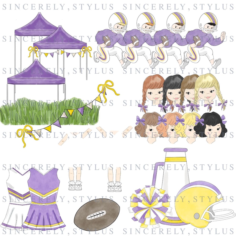 FULL Set Purple and Gold Cheerleader Clipart, Watercolor Cheer Clipart ...
