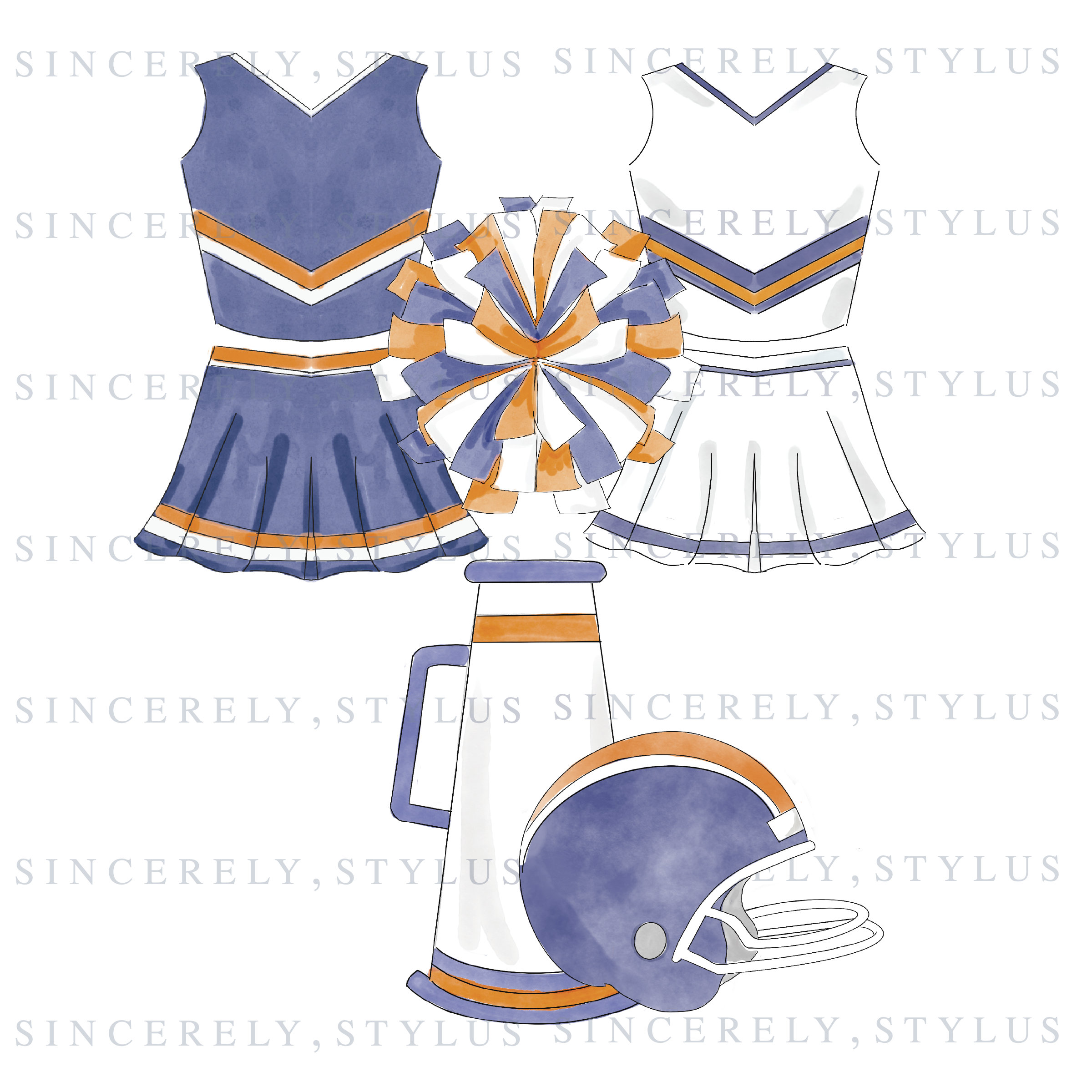 Navy and Orange Cheerleader Clipart, Watercolor Cheer Clipart, Football ...