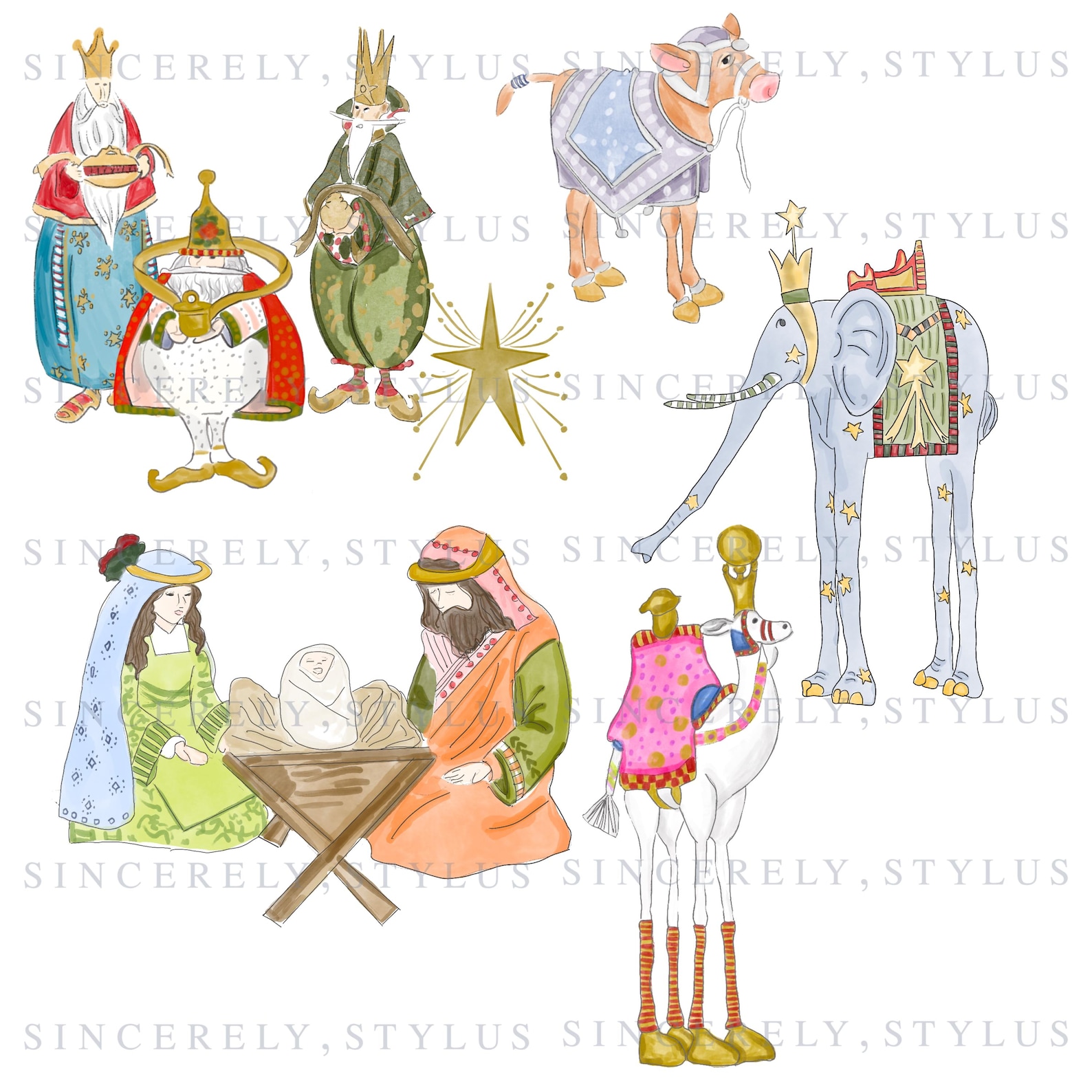 Hand Drawn Nativity, Nativity Clipart, Christmas Clipart, Whimsical ...