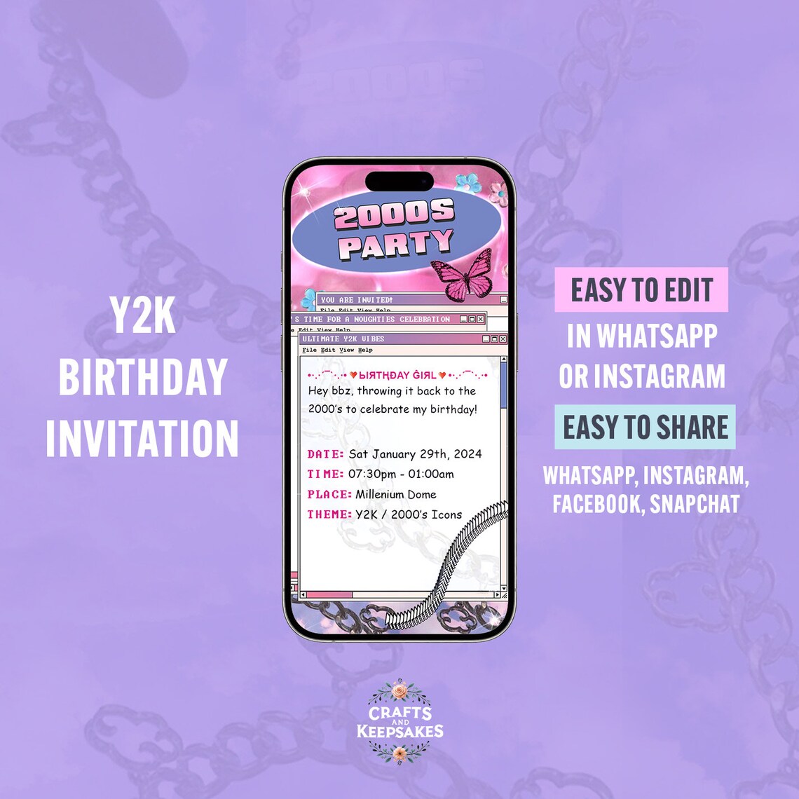 Y2K Party Invitation Editable on Phone 2000's Themed Party Invite, Easy Edit Evite, 90's Theme ...