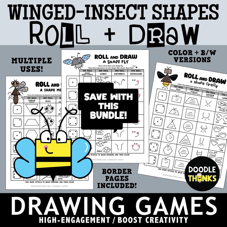 Insect Shapes Roll and Draw Game BUNDLE | Dice Art With 8 Winged ...