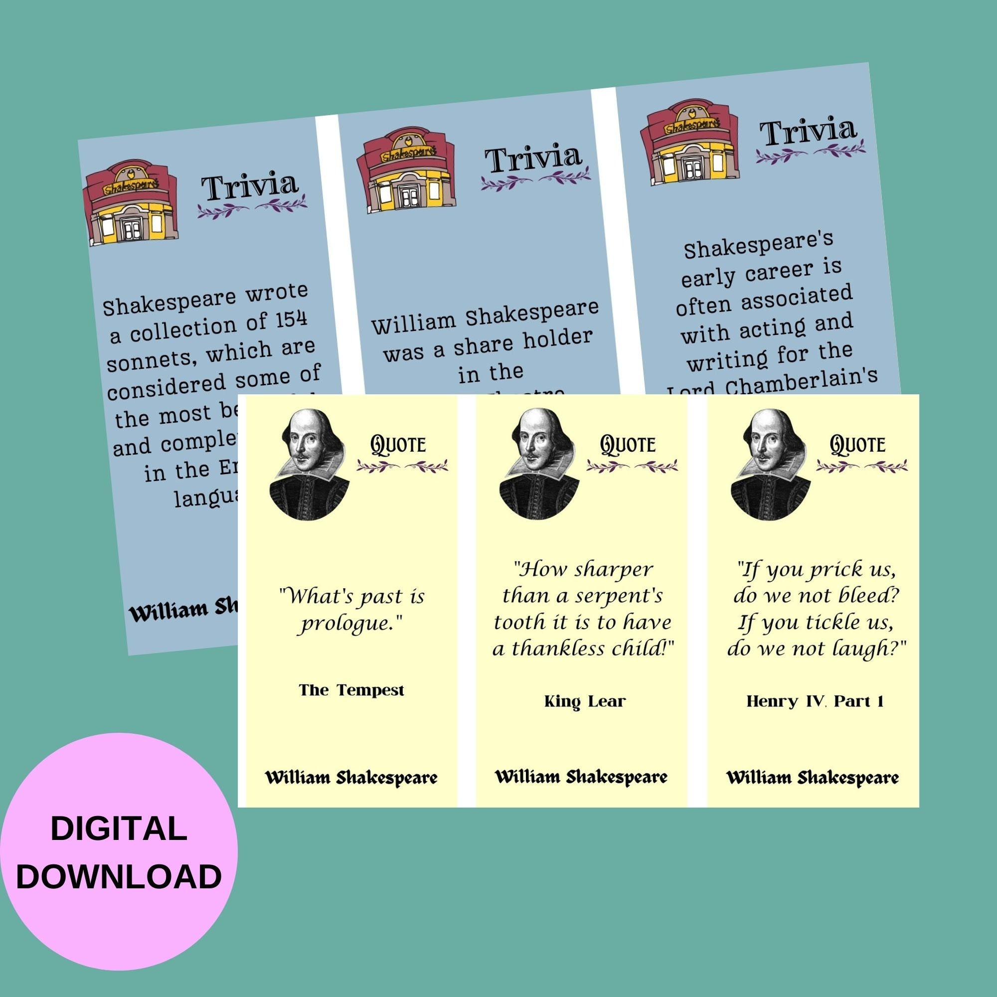 Over 100 Printable Bookmarks for Shakespeare Lovers - Etsy