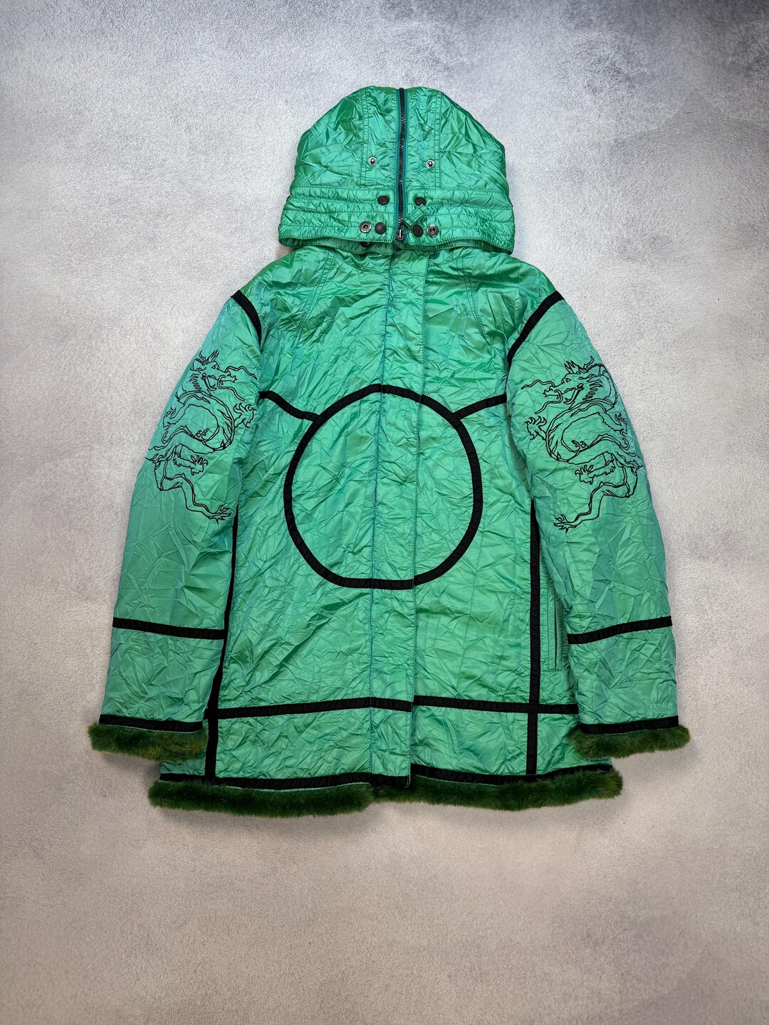 Jet Set Vintage Japanese Dragons Embroidered Fur Insulated Green Jacket ...
