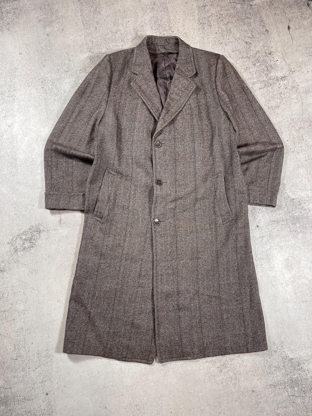 Clipper Craft Clothes Men's Vintage Tweed Check Wool Long Coat Brown ...