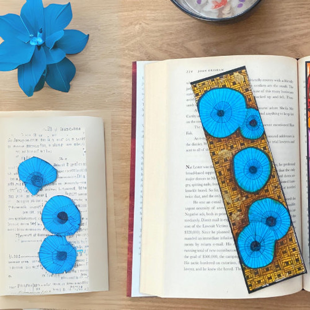 Blue Flower Bookmark, Blooms of Bliss - Hand-drawn Blue Flower Bookmark ...