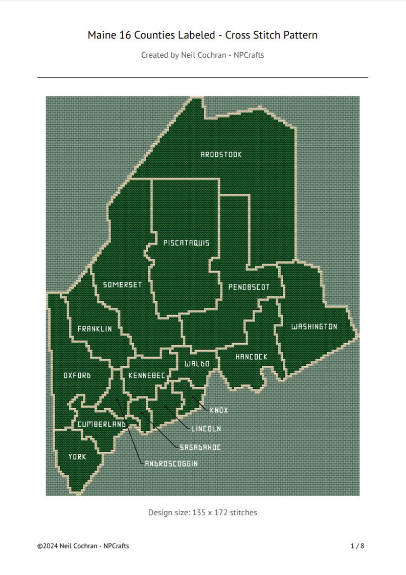 Maine's 16 Counties Labeled Cross Stitch Pattern - Etsy