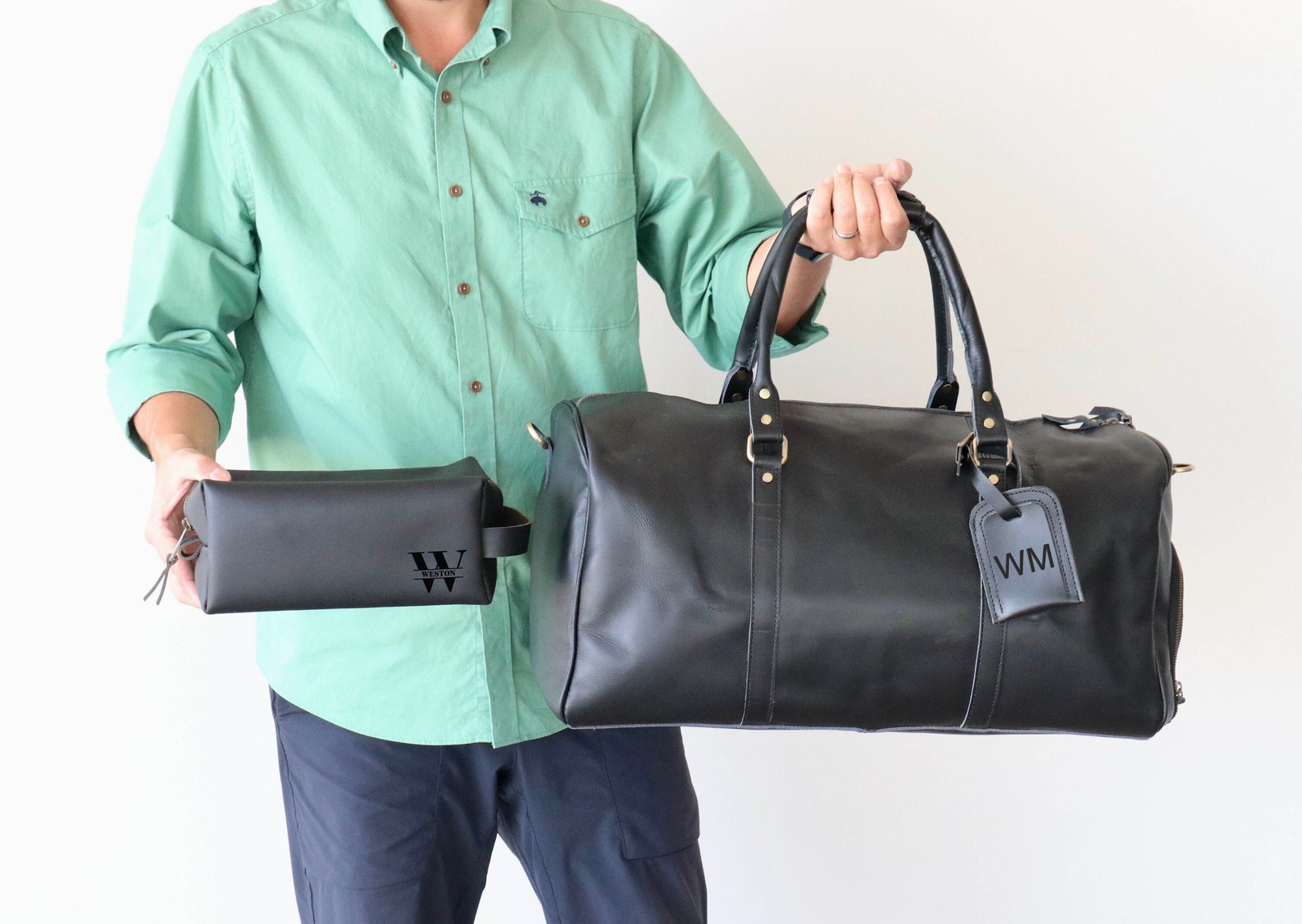 Personalized Leather Duffle Bag Set, Toiletry Bag and Luggage Tag - Etsy