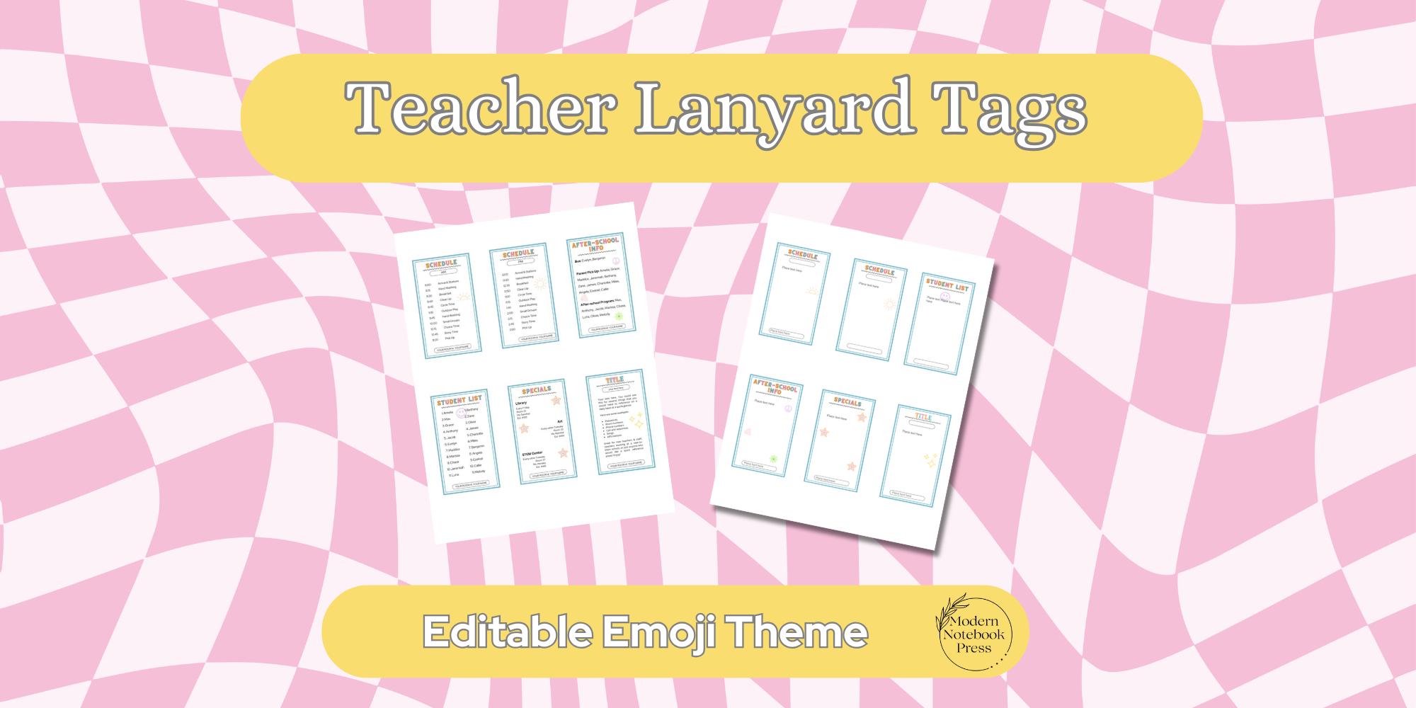 Editable Teacher Lanyard Tags, Emoji Theme: Schedule, Student List ...