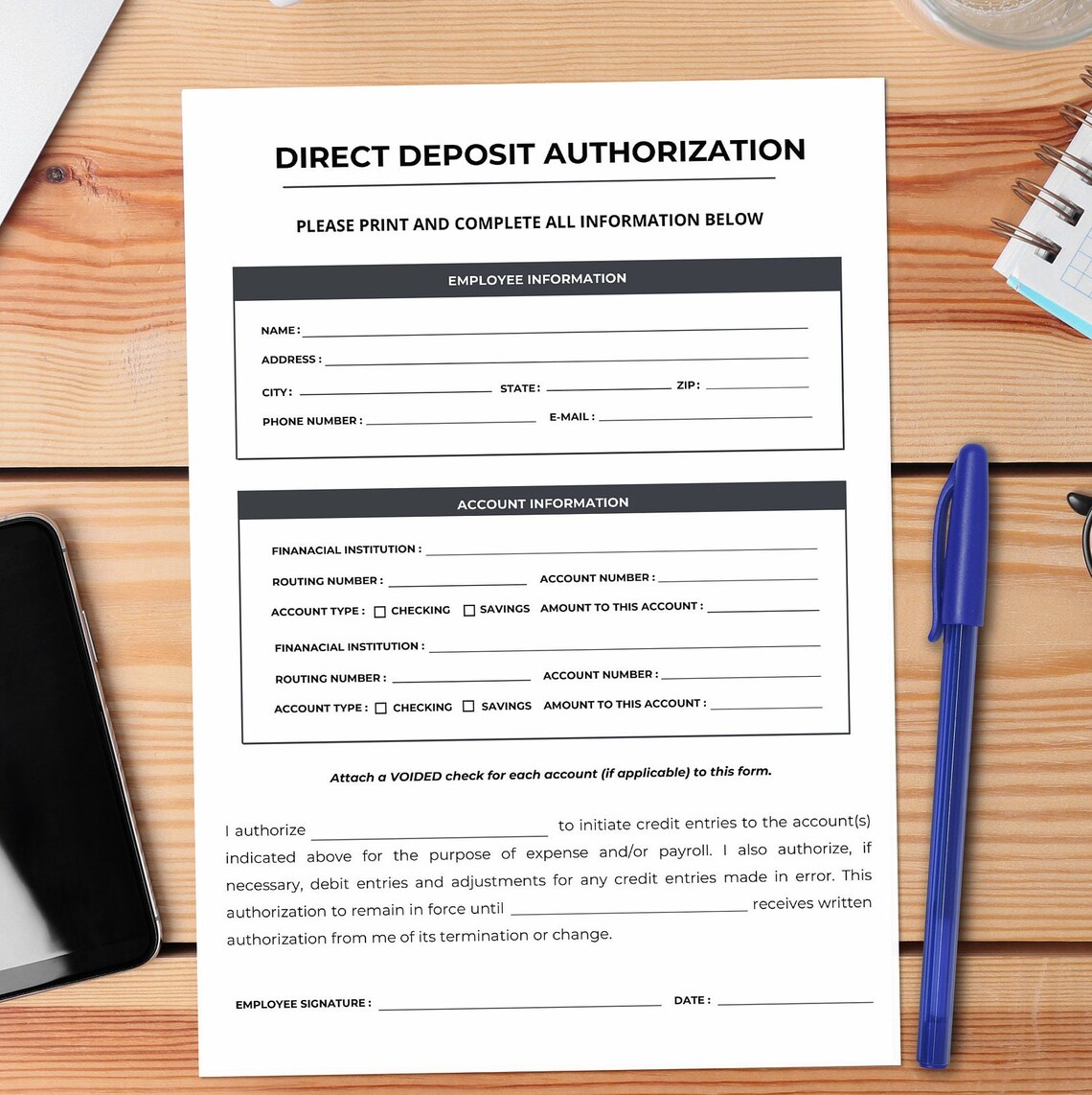 Editable Direct Deposit Authorization Template, Direct Deposit ...