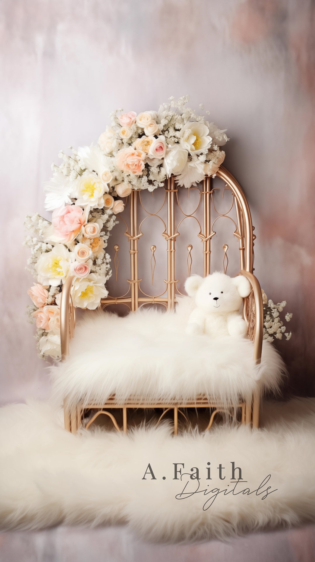 Digital Backdrop, Background Newborn Girl, Gold Baby Crib, Floral ...