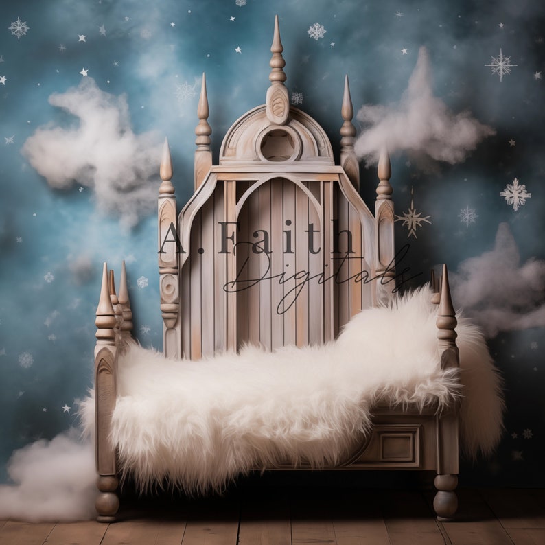 Digital Backdrop Background Newborn Boy, Wood Castle Crib, White Fur ...