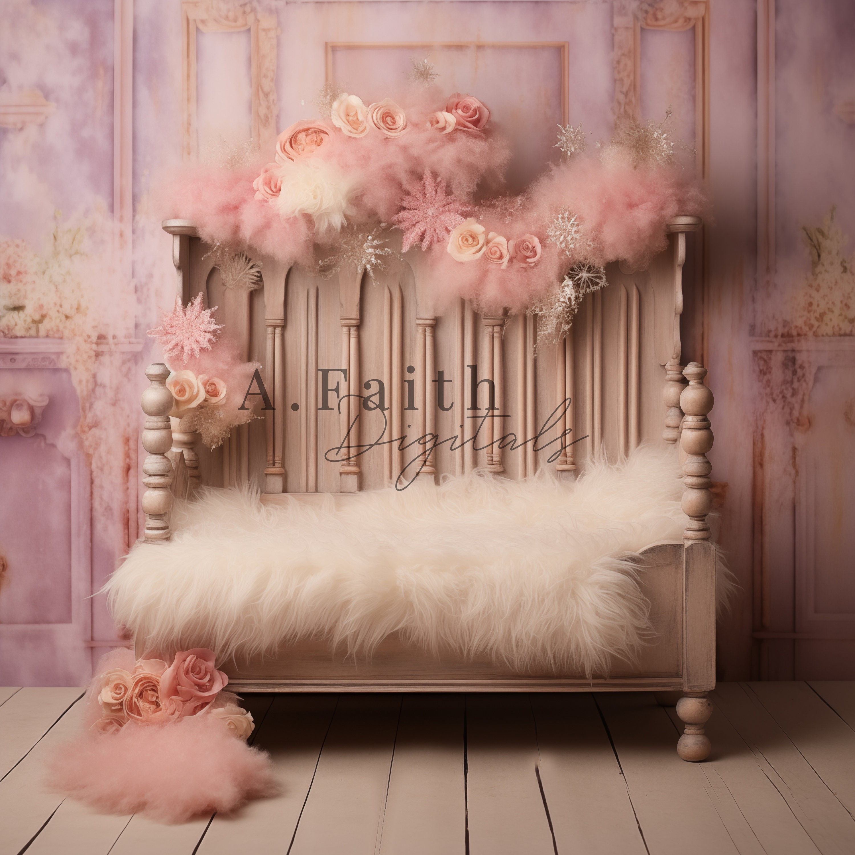 Digital Backdrop, Background Newborn Girl Wood Floral Bed, White Fur ...