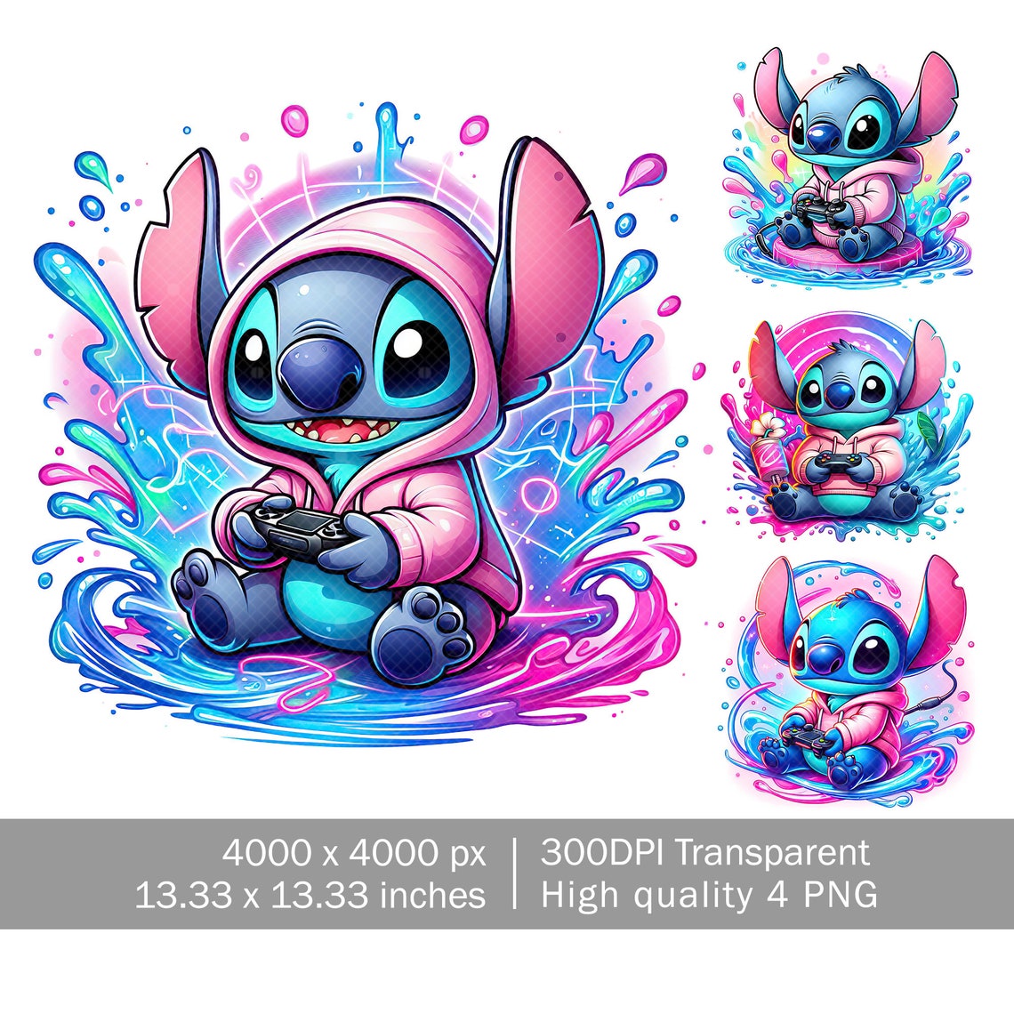 4 Stitch Hoodie Gamer Watercolor Splash Png, Clipart Images, Graphics ...