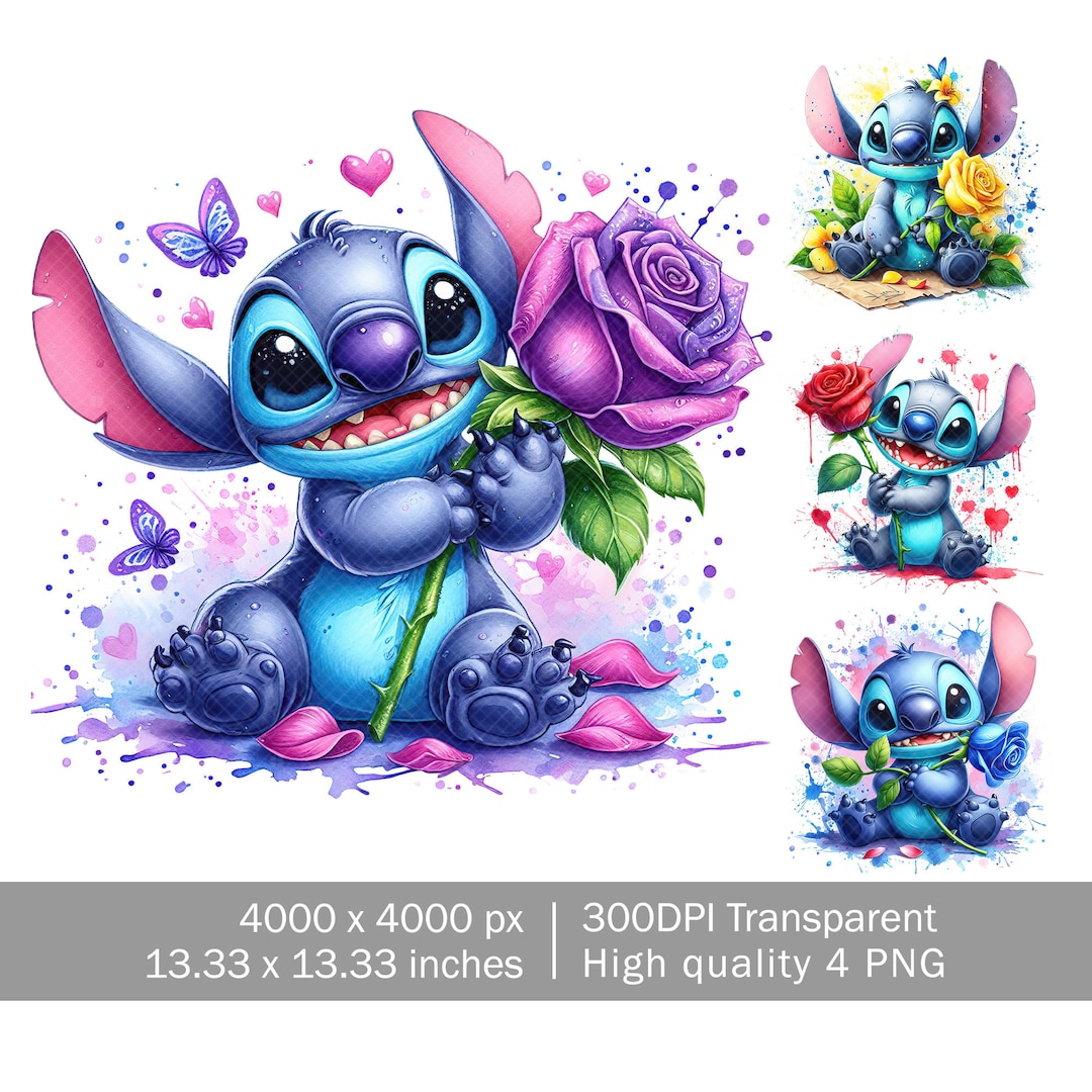 Stitch Floral Watecolor Png, Cartoon Flowers Png, Cartoon Watercolor ...
