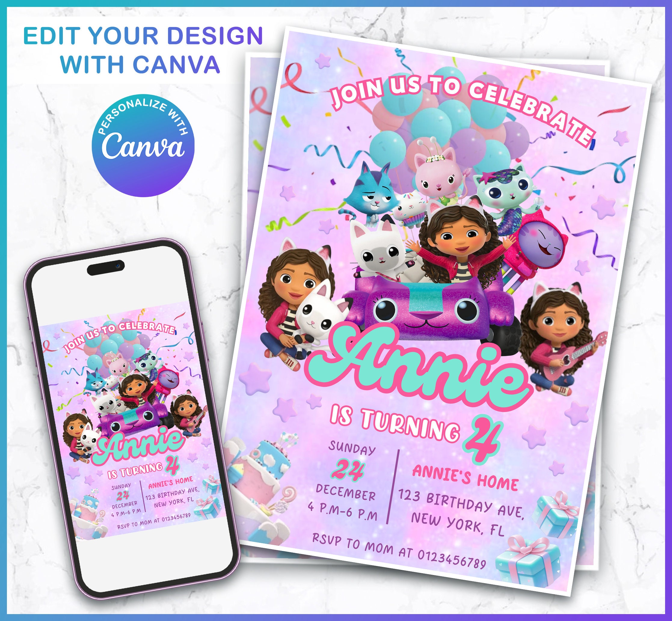 Editable Gabby's Kids Birthday Invitation, Birthday Girl Gabbys ...