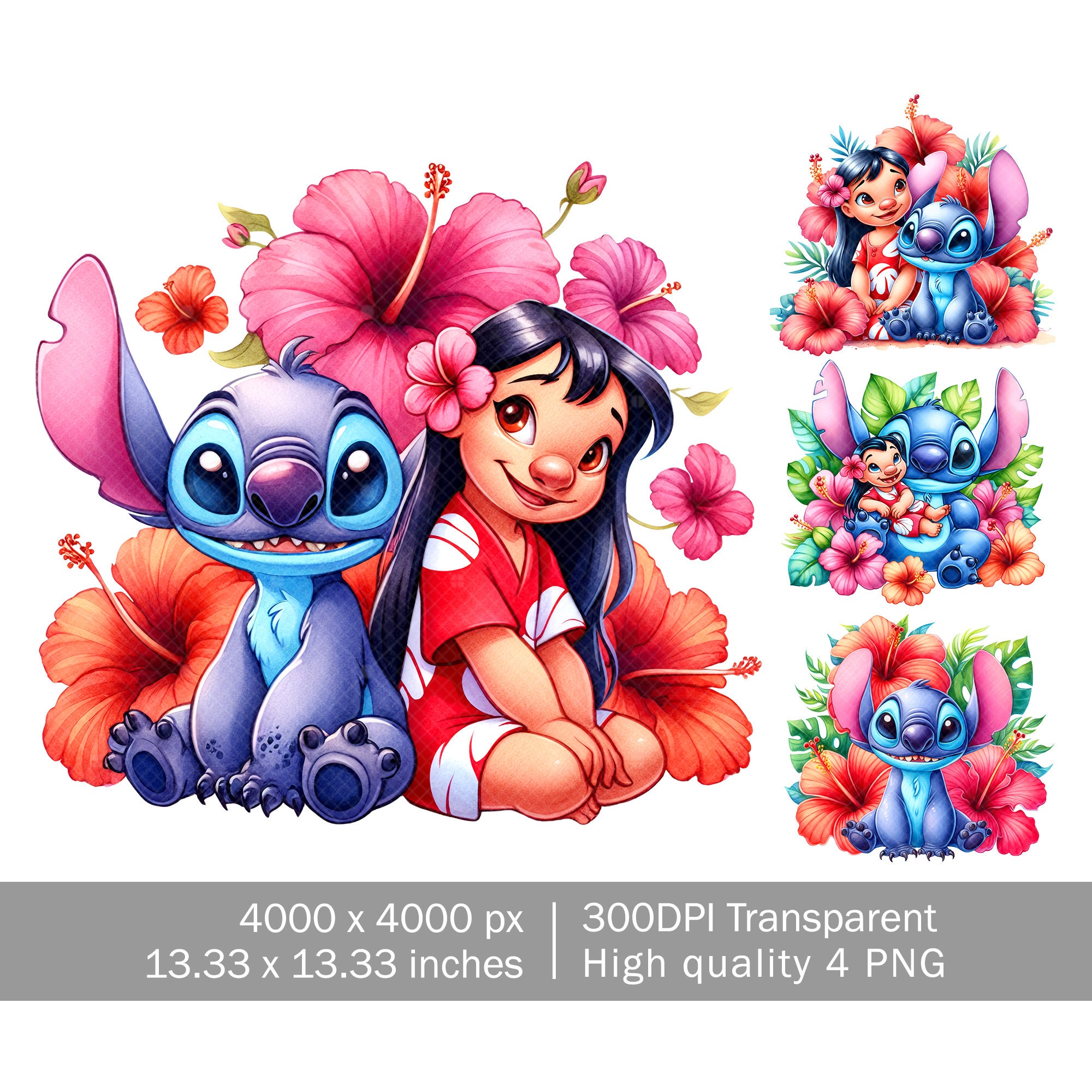 4 PNG Stitch Lilo Floral Acuarela, Paquete de acuarela de dibujos ...