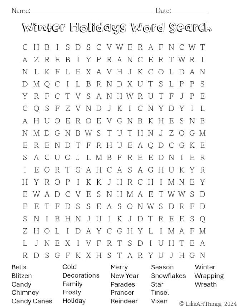 Winter Holiday Word Search - Etsy