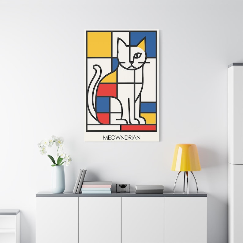 Meow Mondrian Cat Canvas Print Mondrian Style Geometric Cat Wall Art ...