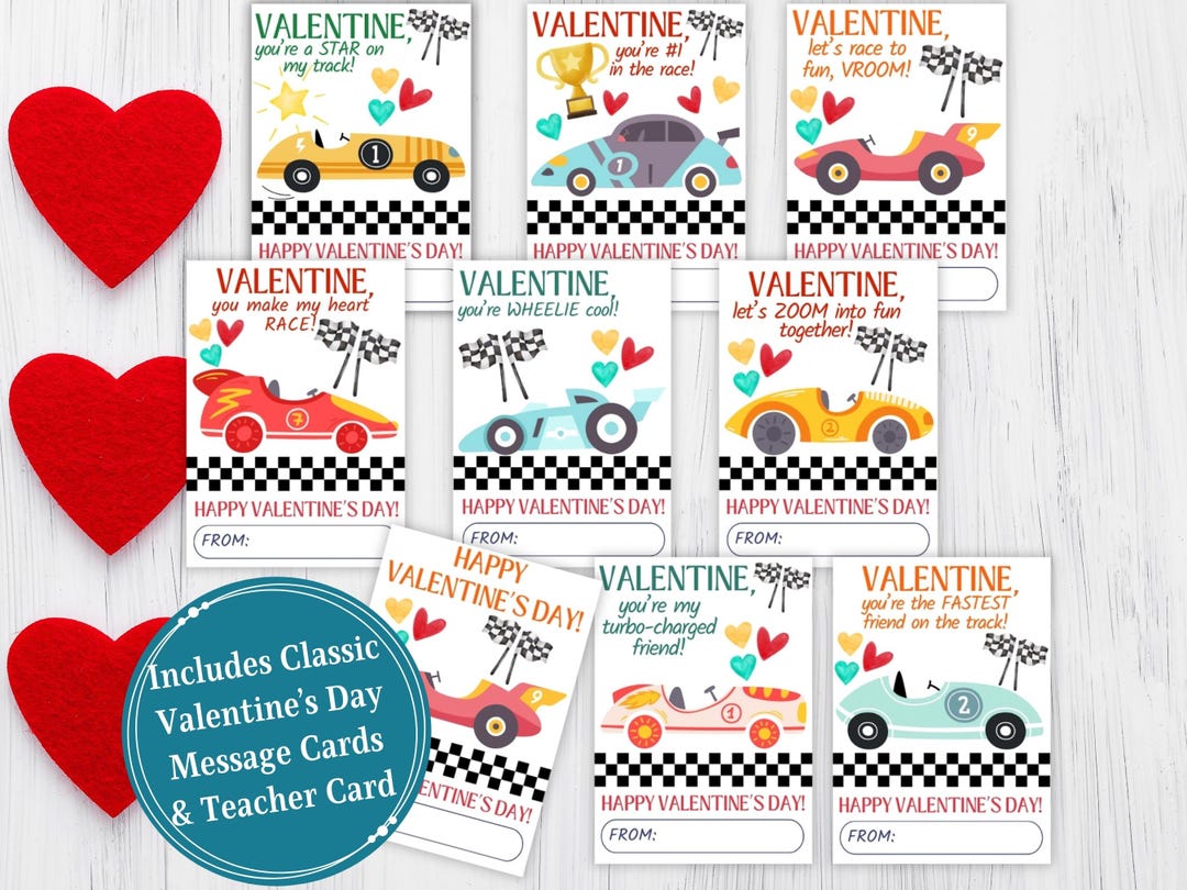 Race Car Valentine's Day Cards, Printable Classroom - Preschool ...