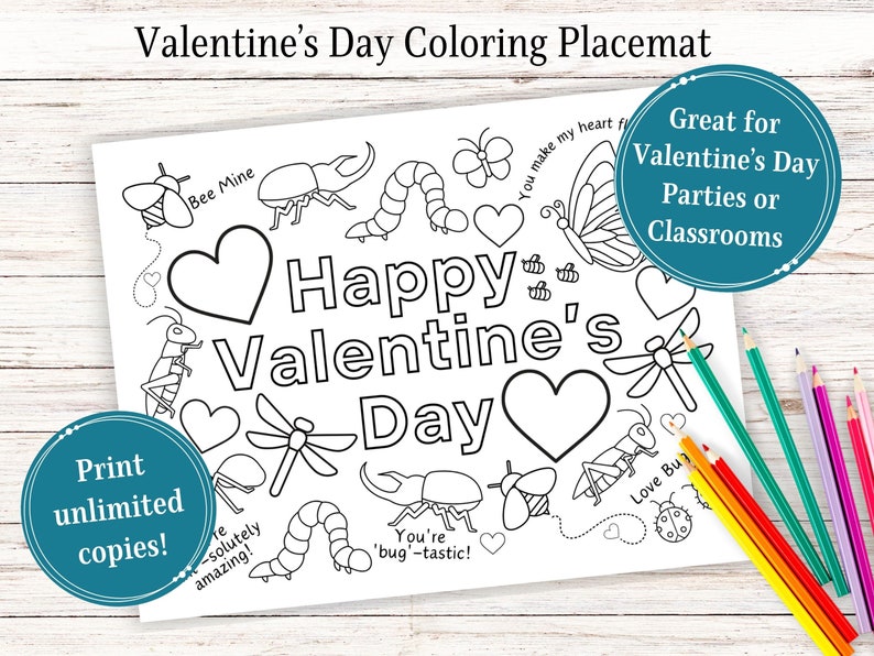 Love Bug Valentine’s Day Coloring Placemat, Classroom Valentine ...