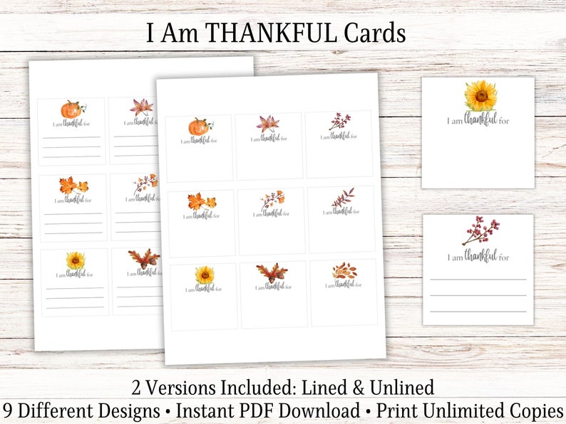 I Am Thankful for Thanksgiving Cards Printable | Gratitude Cards ...