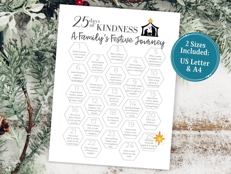 Christmas 25 Days of Kindness Calendar Printable Kindness Advent ...