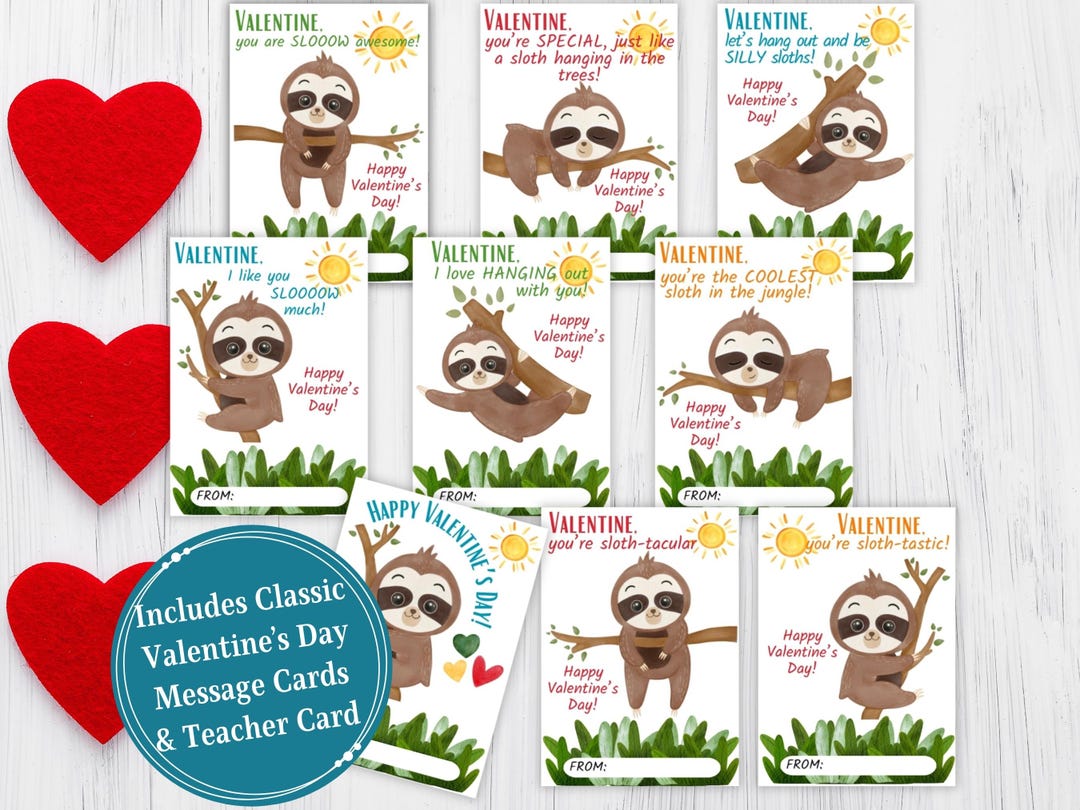 Sloth Valentine's Day Cards, Printable Classroom - Preschool Valentines ...