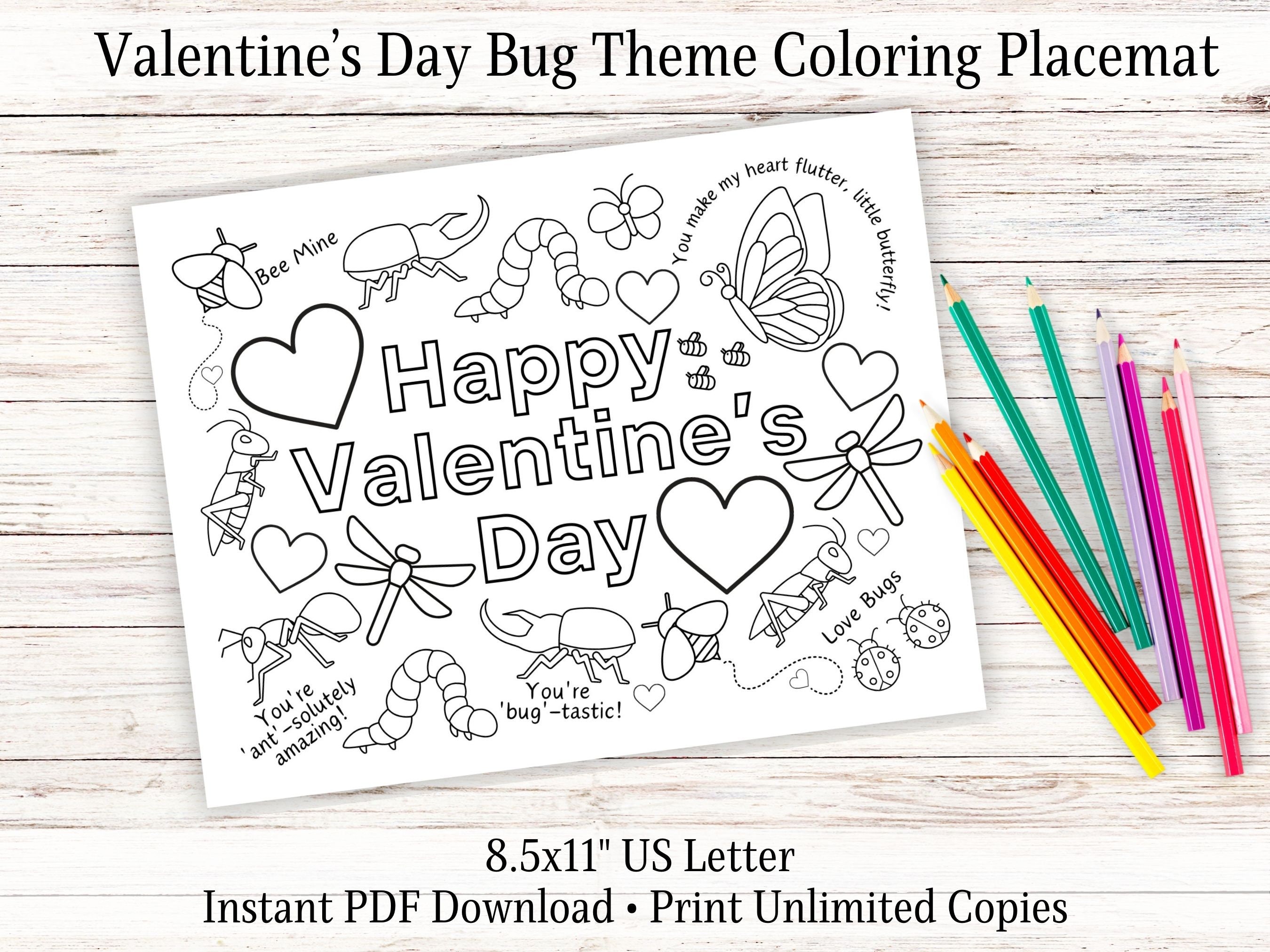 Love Bug Valentine’s Day Coloring Placemat, Classroom Valentine ...