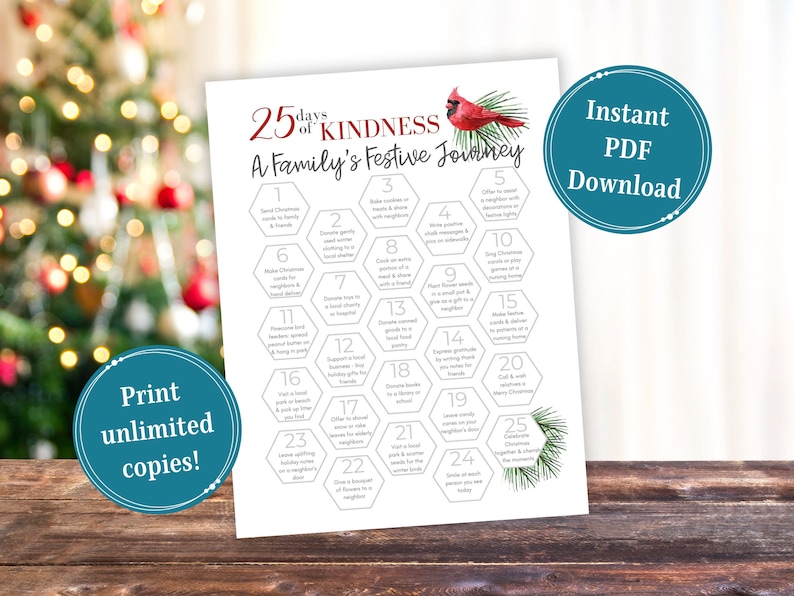 Christmas 25 Days of Kindness Calendar Printable | Kindness Advent ...